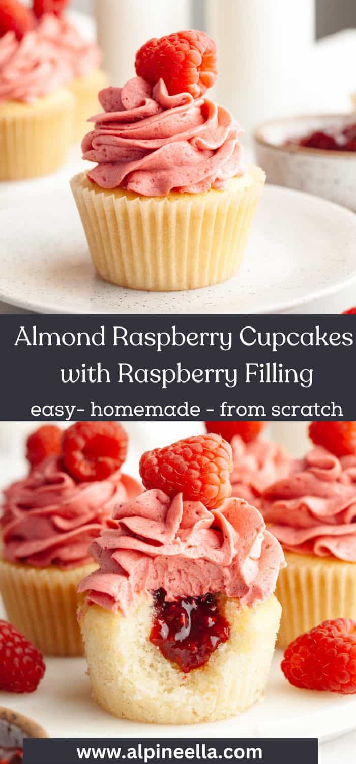 Easy Raspberry Almond Cupcakes with Raspberry Jam Filling - Alpine Ella
