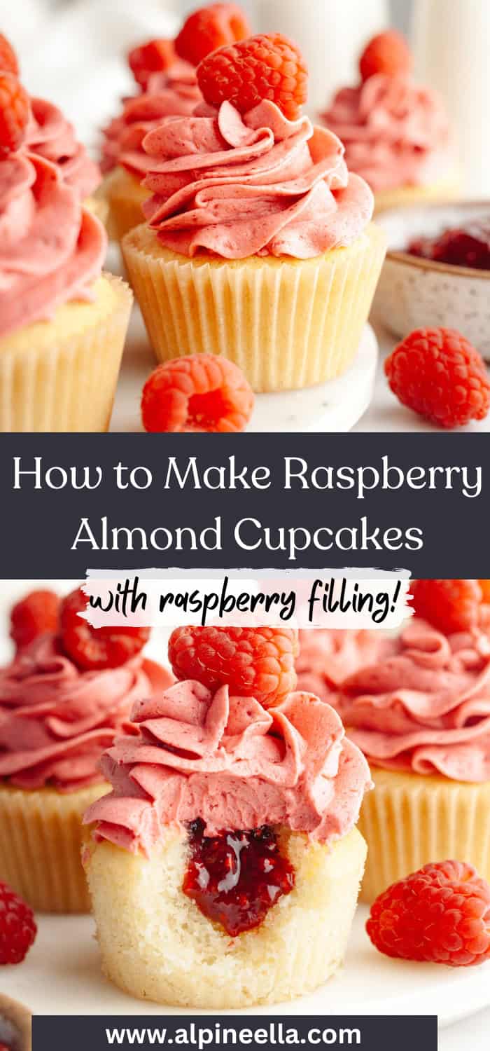Easy Raspberry Almond Cupcakes with Raspberry Jam Filling - Alpine Ella