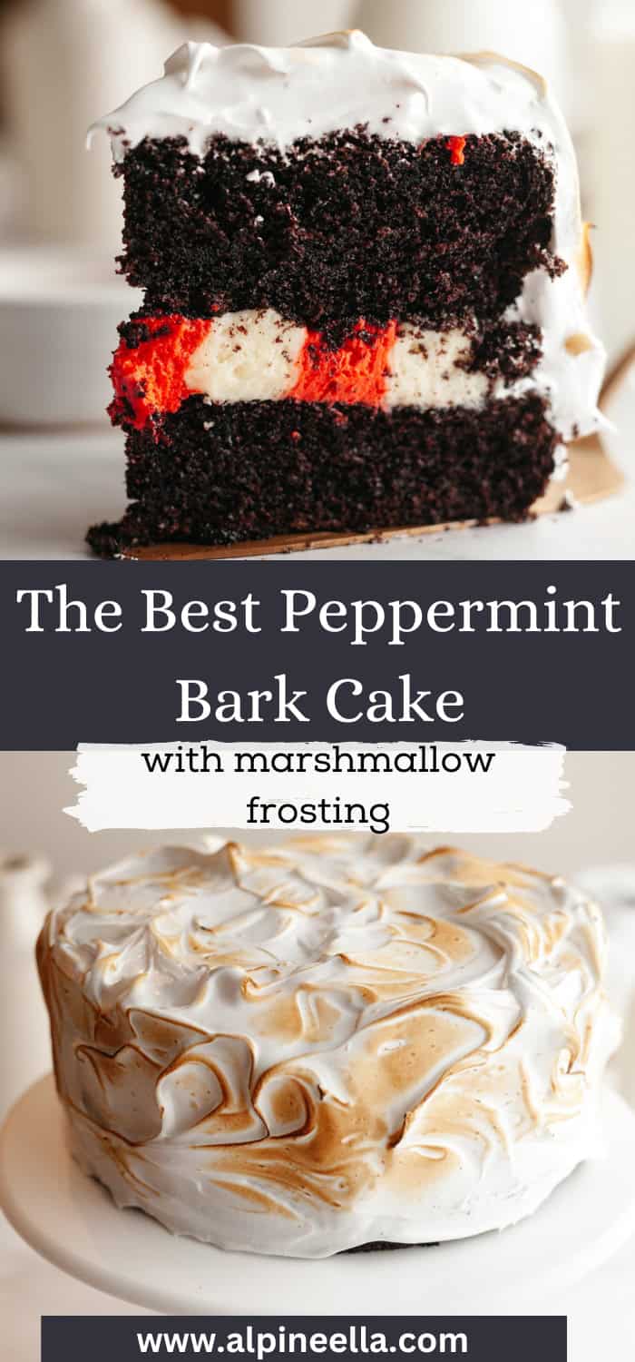 Peppermint Bark Cake with Marshmallow Frosting - Alpine Ella