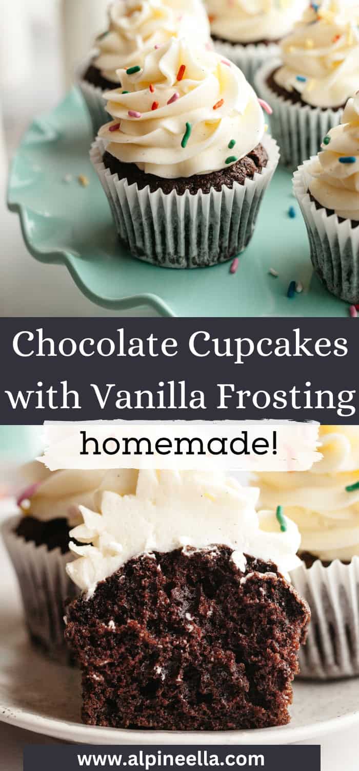 Moist Chocolate Cupcakes with Vanilla Frosting - Alpine Ella